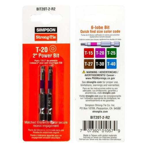 Simpson Strong-Tie BIT20T-2-R2 (T20 x 2") 6-Lobe-Drive Power Bit (2 Pack)